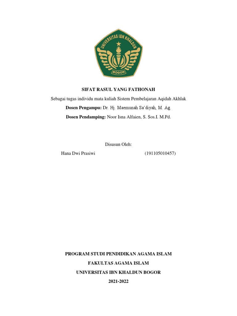 Hana Dwi Prasiwi (Aqidah Akhlak Fathonah) | PDF