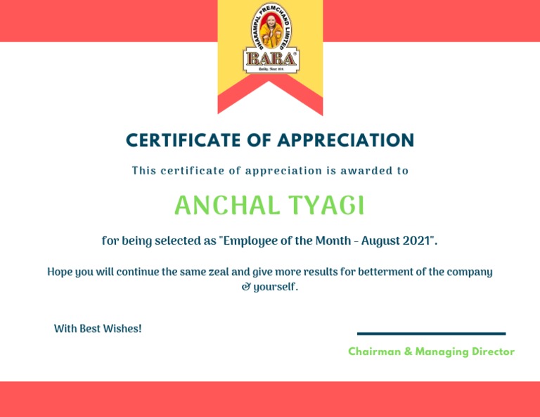Anchal Tyagi: Certificate of Appreciation | PDF