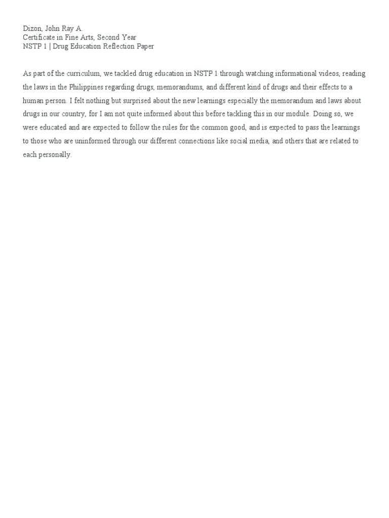 DIZON - NSTP 1 Drug Education Reflection Paper | PDF