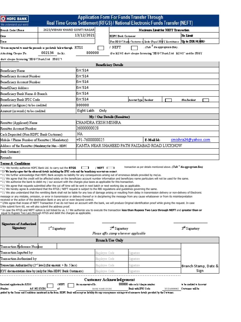 HDFC RTGS Form in Excel Format | PDF | Economies | Service Industries