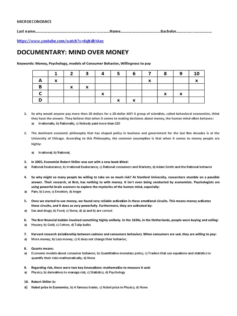 Documentary: Mind Over Money: 1 2 3 4 5 6 7 8 9 10 A X X X B X X C X X ...