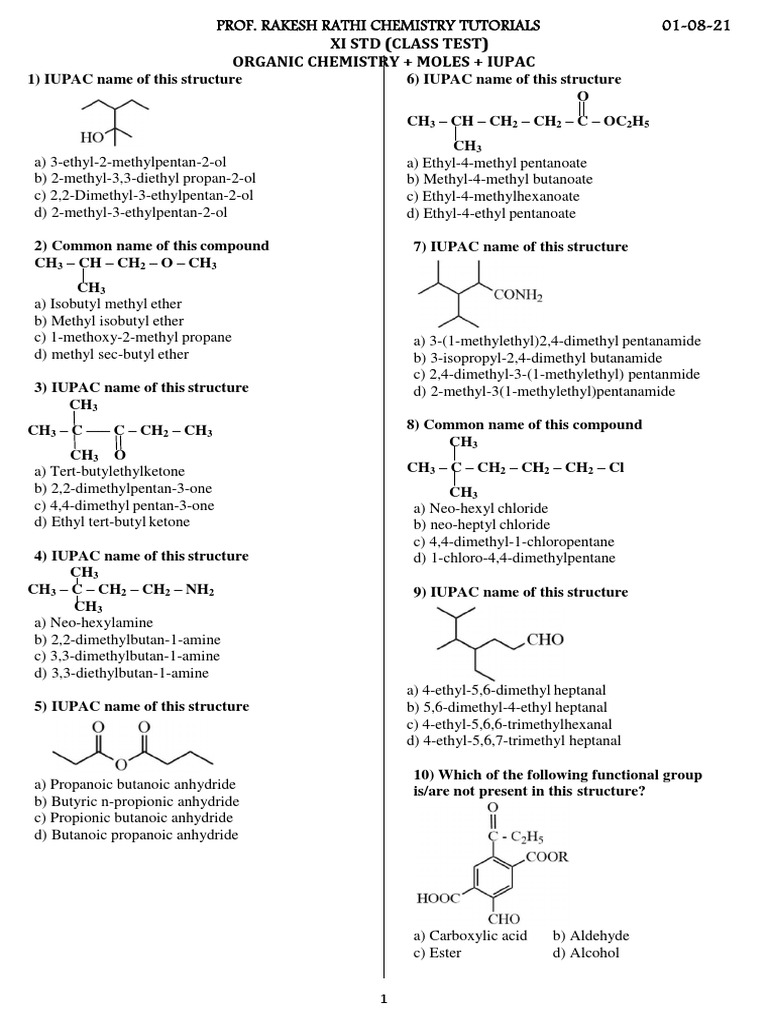 Xi STD (Class Test) Organic Chemistry + Moles + Iupac | PDF | Methyl ...