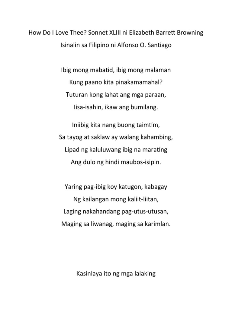 How Do I Love Thee Sonnet XLIII Ni Elizabeth Barrett Browning (Isinalin ...