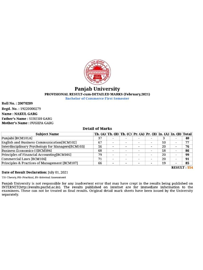 Bcom 1st Sem Marksheet | PDF
