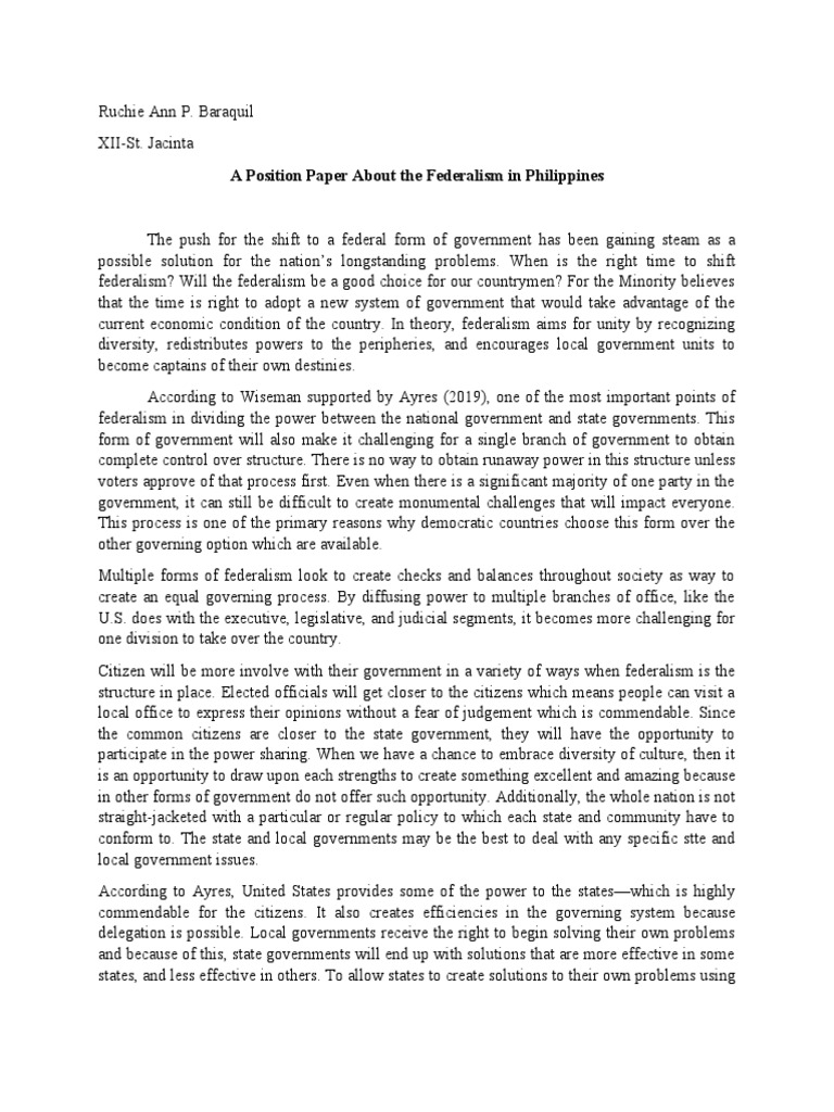 A Position Paper About The Federalism in Philippines | PDF | Devolution ...
