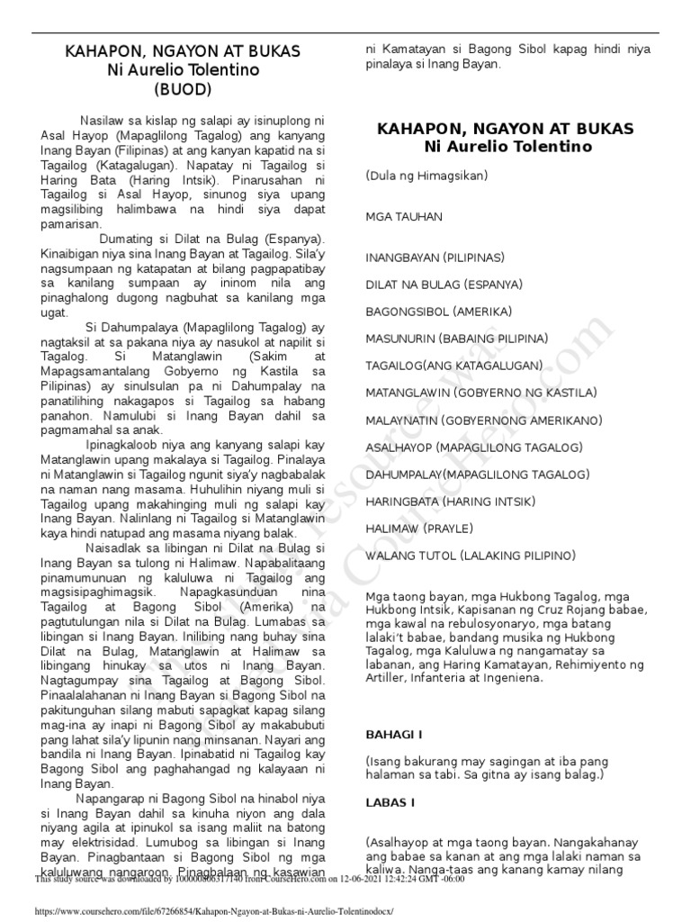 Kahapon Ngayon at Bukas Ni Aurelio Tolentino | PDF