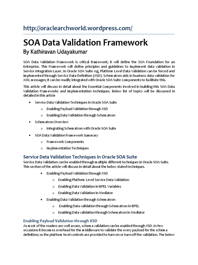 SOA Data Validation Framework: by Kathiravan Udayakumar | PDF | Xml Schema | Xml