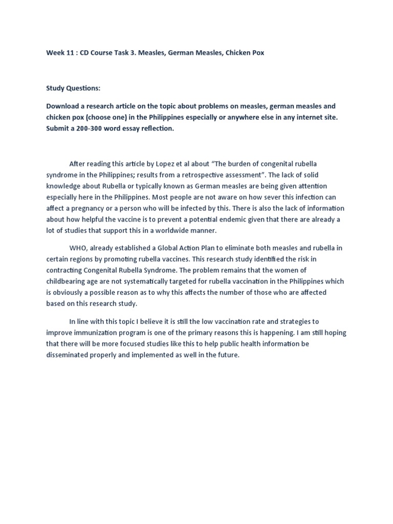 Week 11 - CD Course Task 3. Measles, German Measles, Chicken Pox | PDF