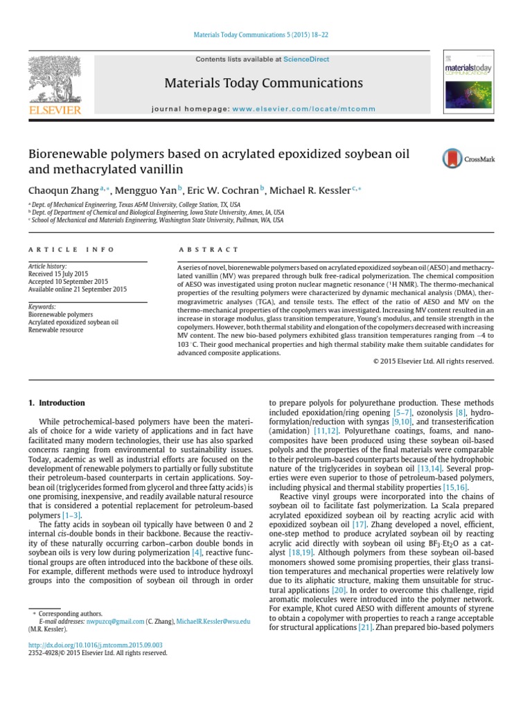 Biorenewable Polymers Based On Acrylated Epoxidized Soybean Oil | PDF ...