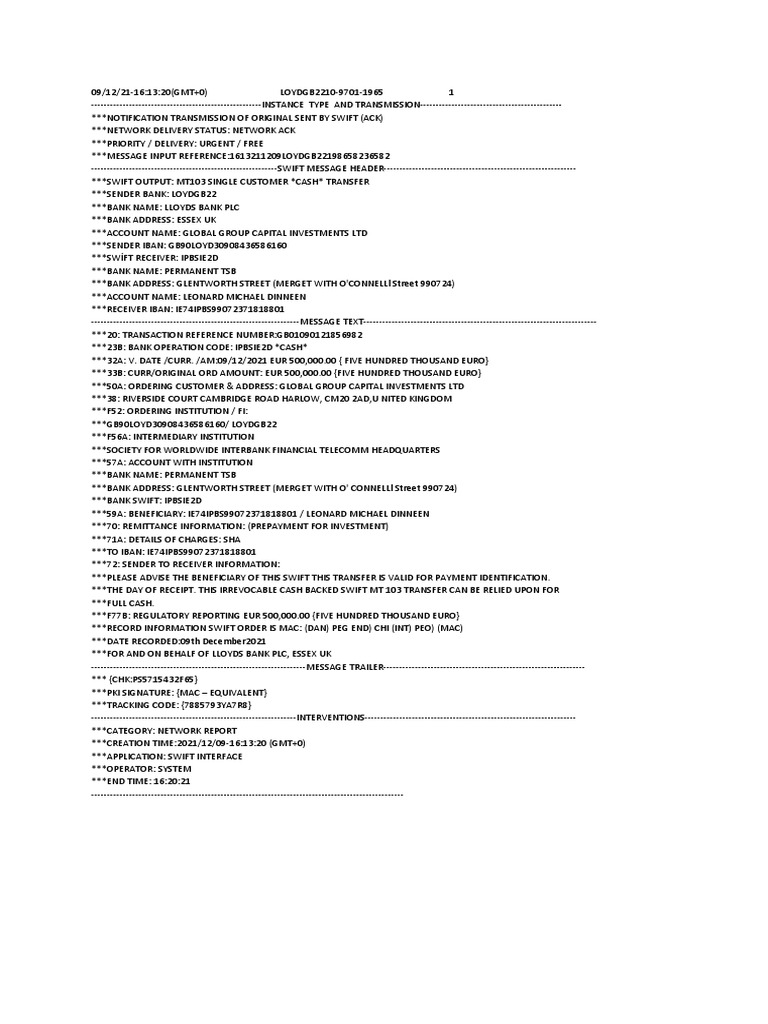 SWIFT MT103 Cash Transfer Confirmation | PDF | Payments | Financial ...