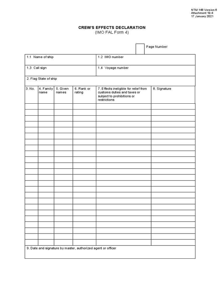 Crew Effects Declaration Form (IMO FAL 4) | PDF