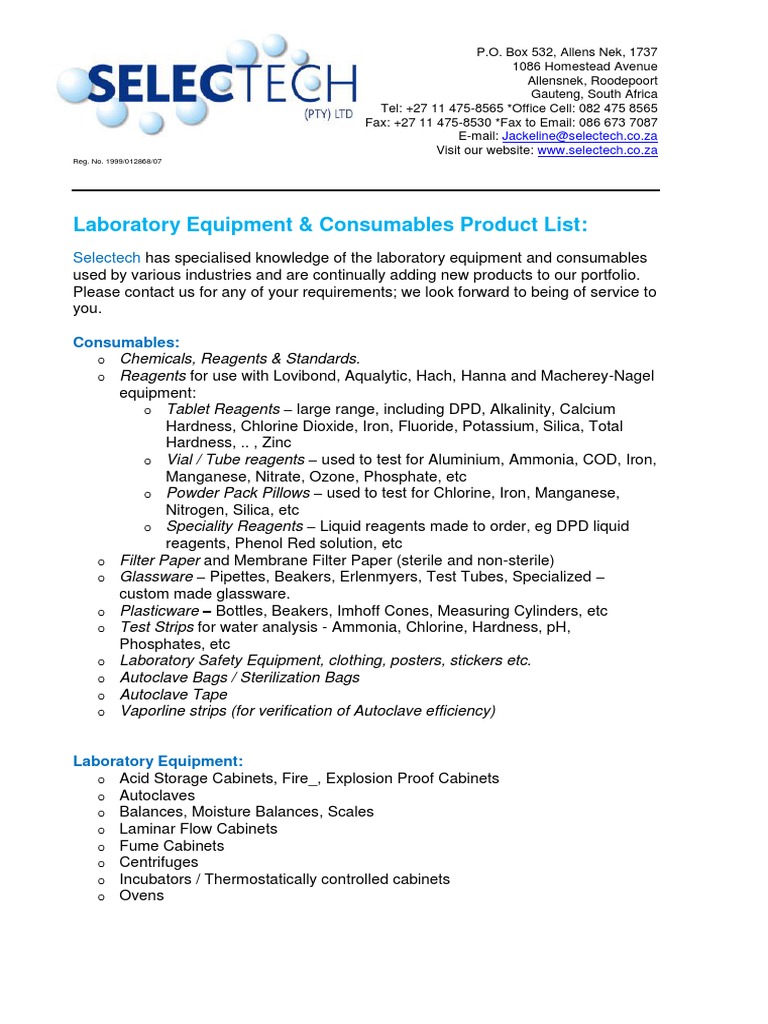 Laboratory Equipment & Consumables Product List:: Selectech | PDF ...