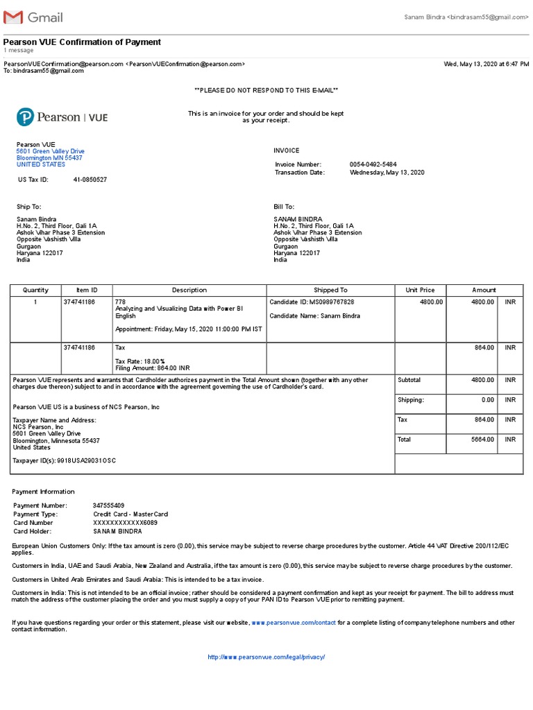 Pearson VUE Payment Confirmation Receipt | PDF | Receipt | Invoice