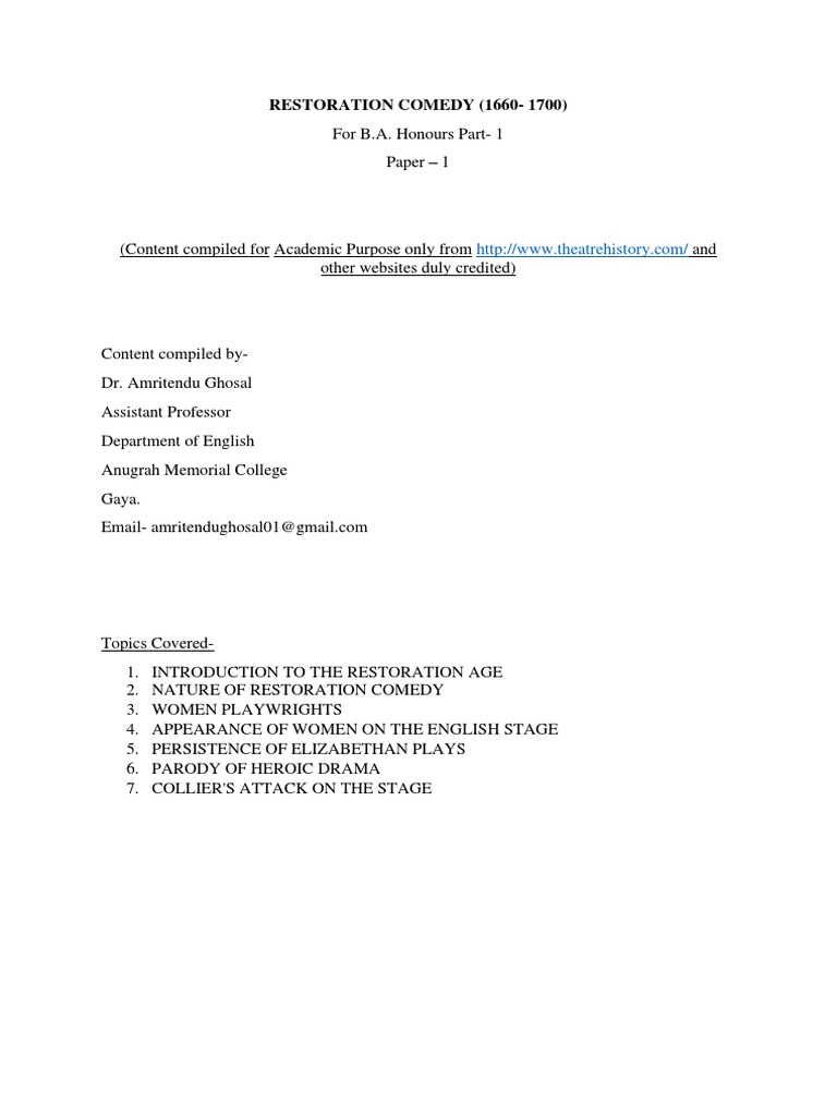 Restoration Comedy | PDF | Restoration Comedy | Theatre