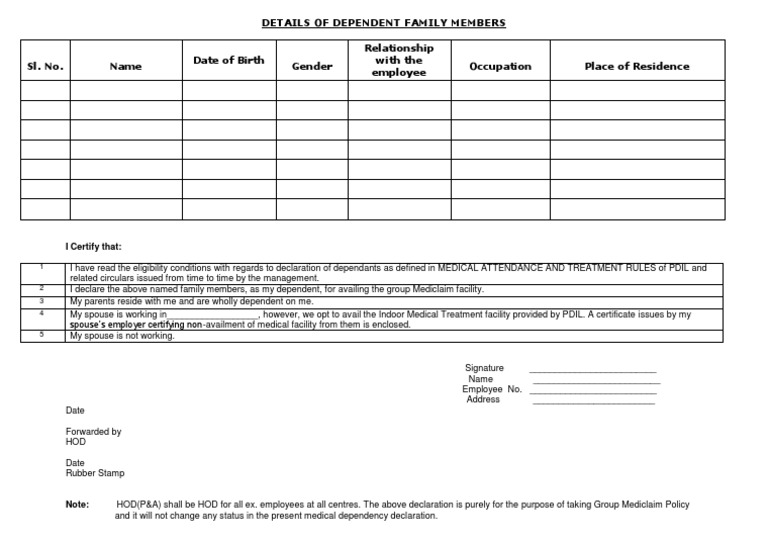Declaration of Dependent Family Members For Indoor Medical Treatment | PDF