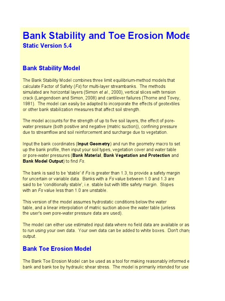 Bank Stability and Toe Erosion Model: Static Version 5.4 | PDF ...