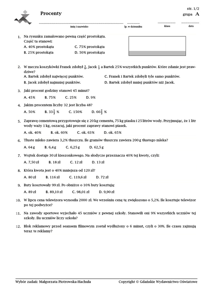 kl.7 Sprawdzian Procenty - Questions | PDF