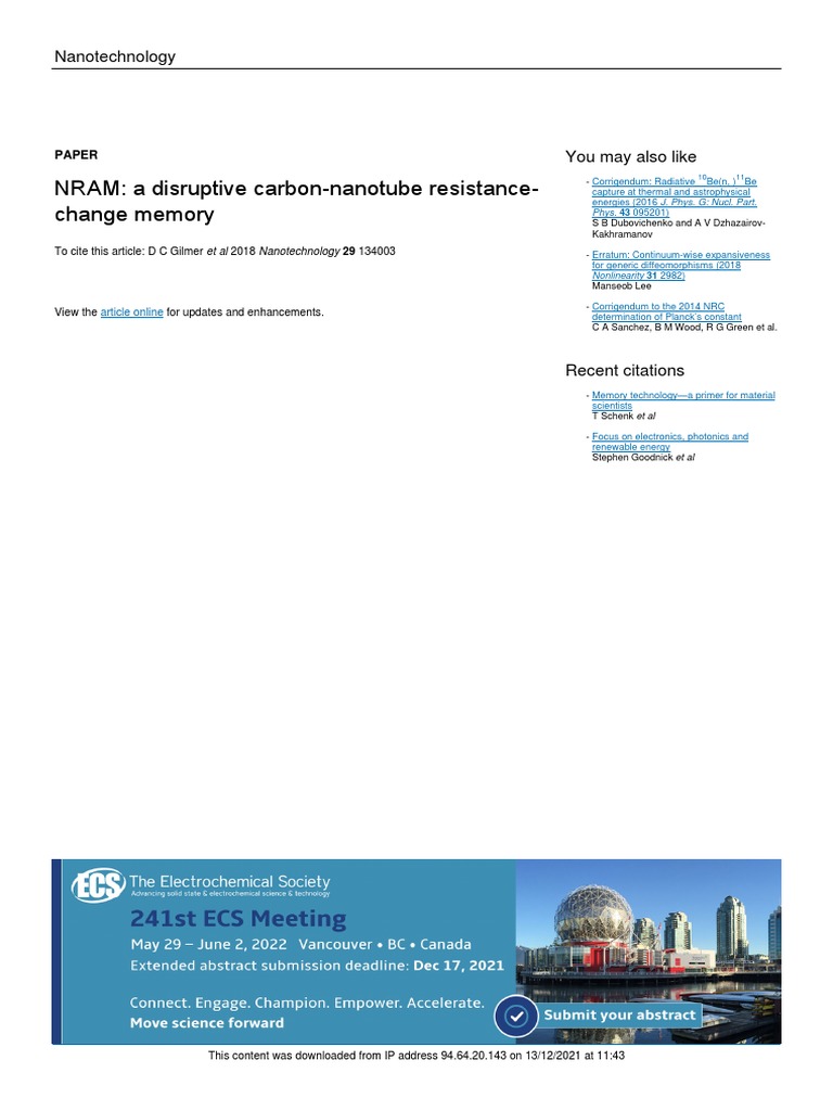 NRAM: A Disruptive Carbon-Nanotube Resistance-Change Memory | PDF | Carbon Nanotube | Materials