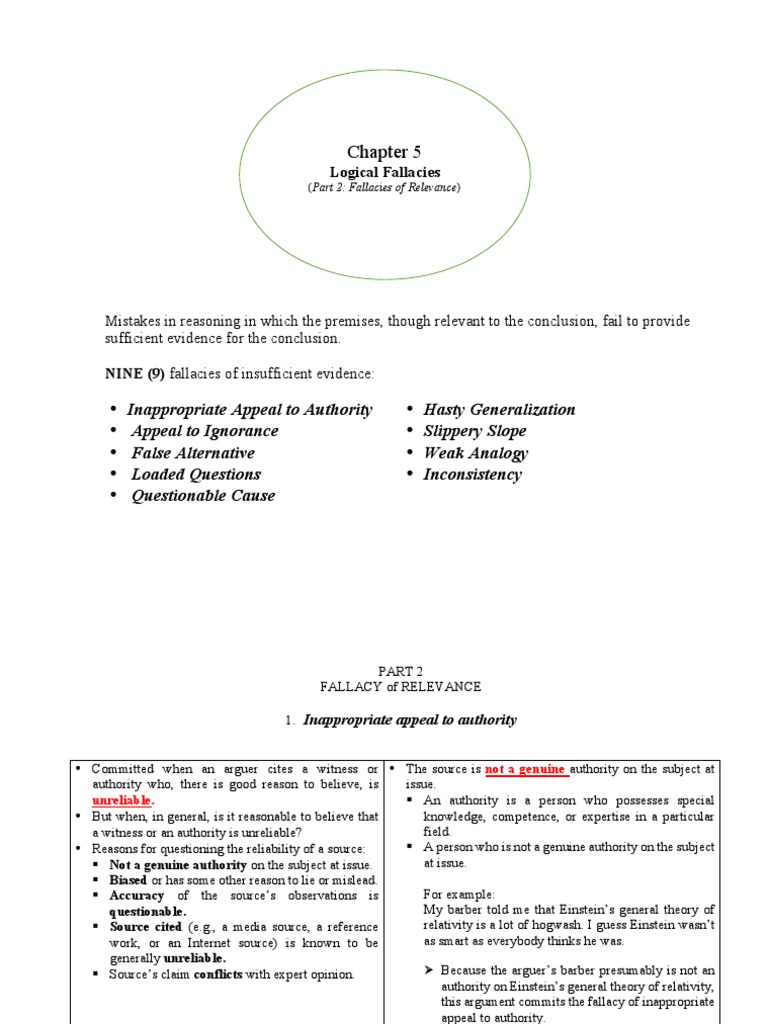 Chapter 5 Logical Fallacies (Part 2 - Fallacies of Relevance) | PDF ...