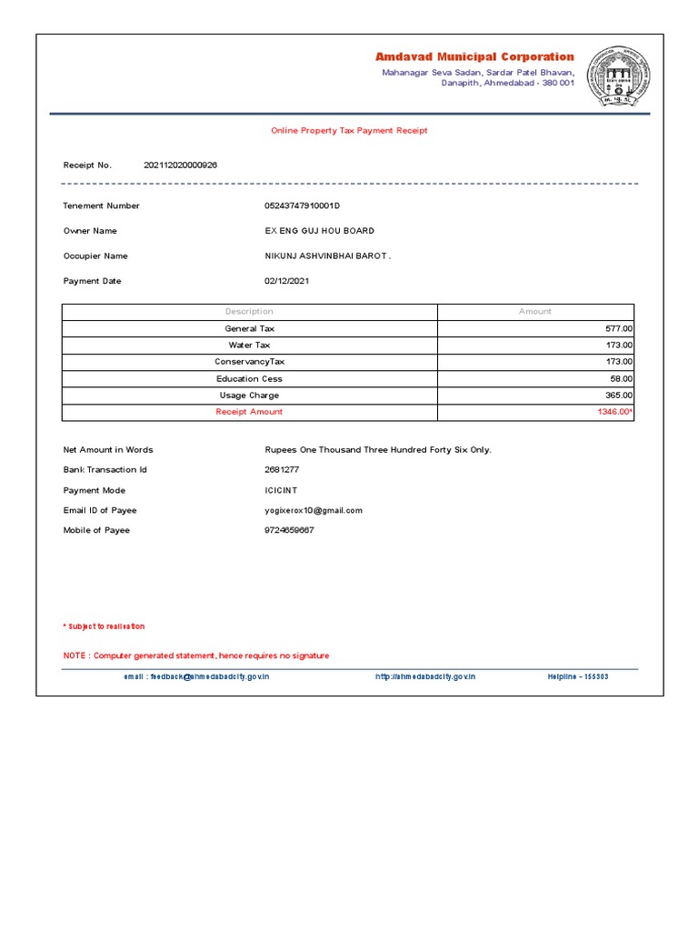 Property Tax Payment Receipt | PDF