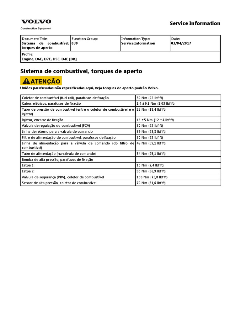 D6E - Torque de Aperto, Sistema de Combustivel | PDF | Tecnologia e ...
