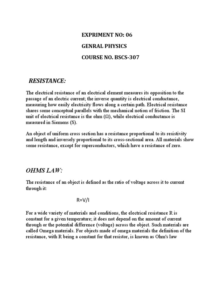 Resistance:: Expriment No: 06 Genral Physics Course No. Bscs-307 | PDF | Electrical Resistance ...
