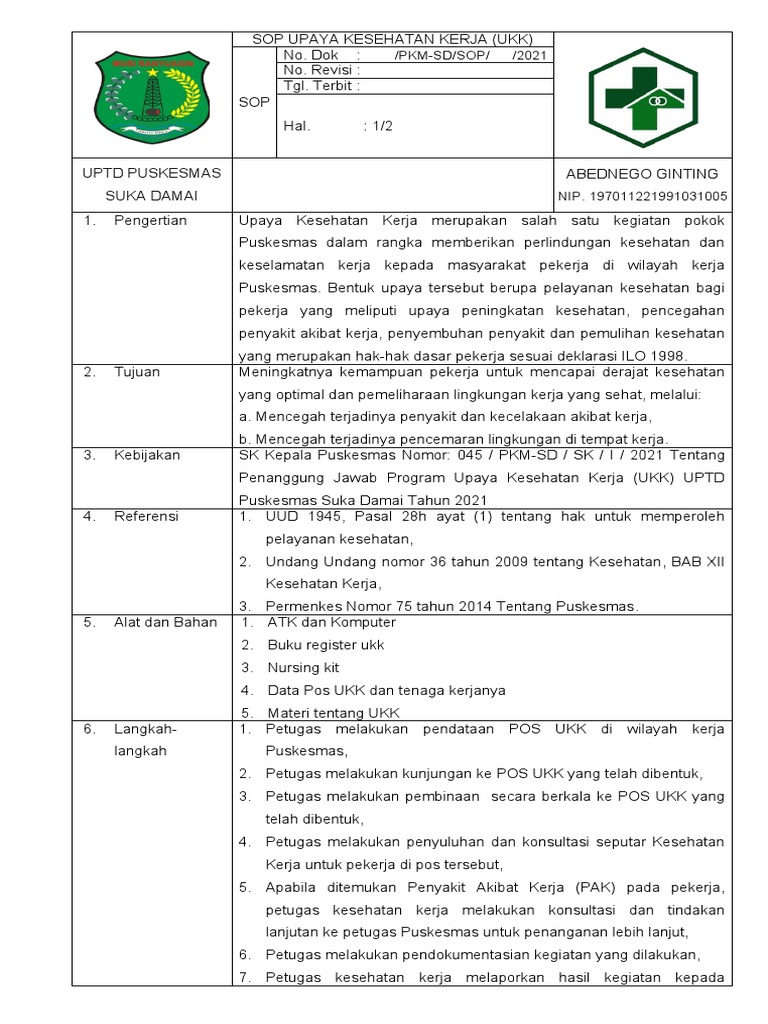 SOP Kesehatan Kerja Di Puskesmas | PDF | Kesehatan Holistik