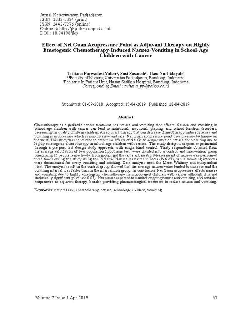 Effect of Nei Guan Acupressure Point As Adjuvant Therapy On Highly ...