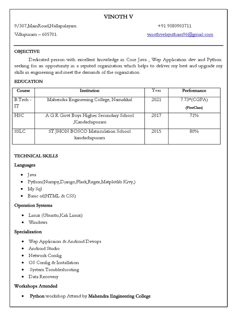 Vinoth (Resume) | PDF | Computing | Computer Programming