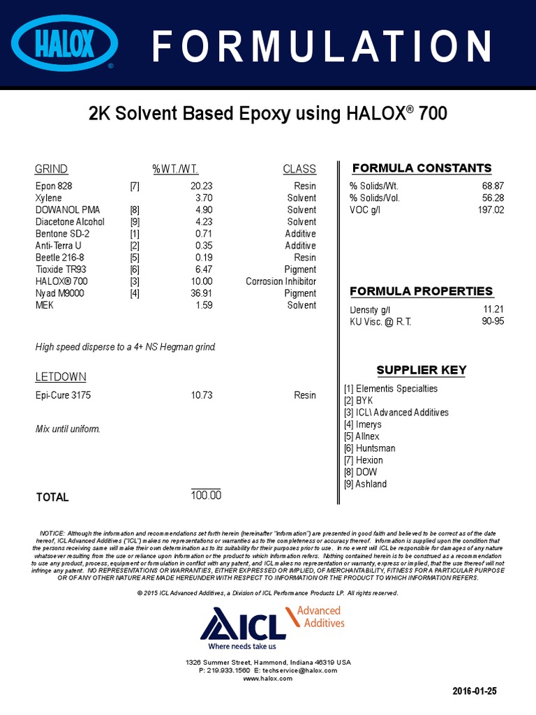Formulation: 2K Solvent Based Epoxy Using HALOX 700 | PDF | Chemical ...