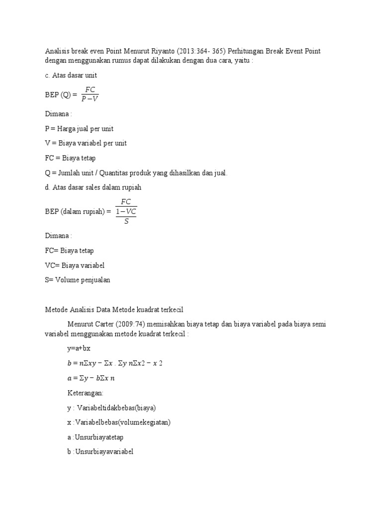 Analisis Break Even Point Menurut Riyanto | PDF