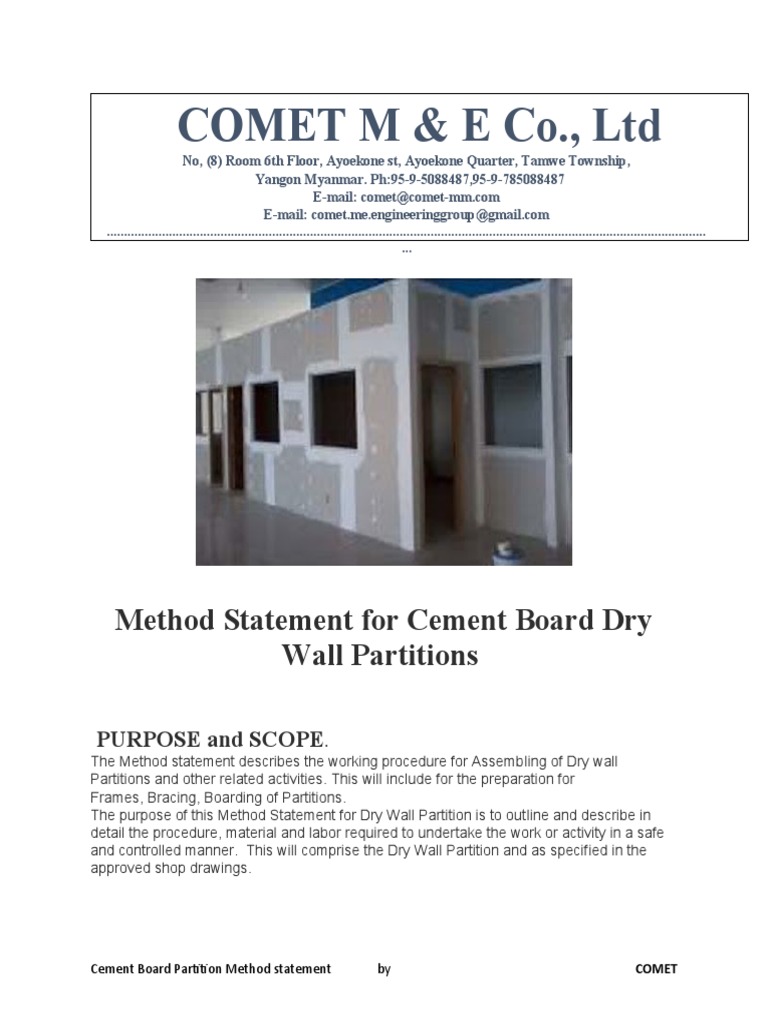 Method Statement For Cement Board Dry Wall Partitions | PDF | Drywall ...