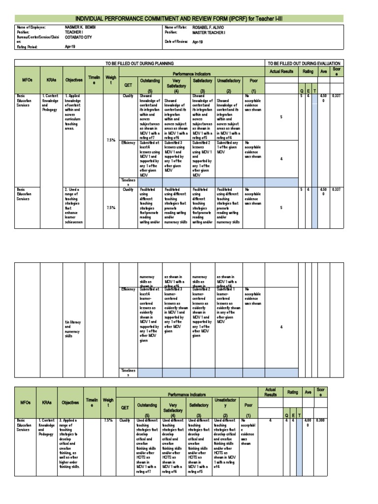 Individual Performance Commitment and Review Form (Ipcrf) For Teacher I ...
