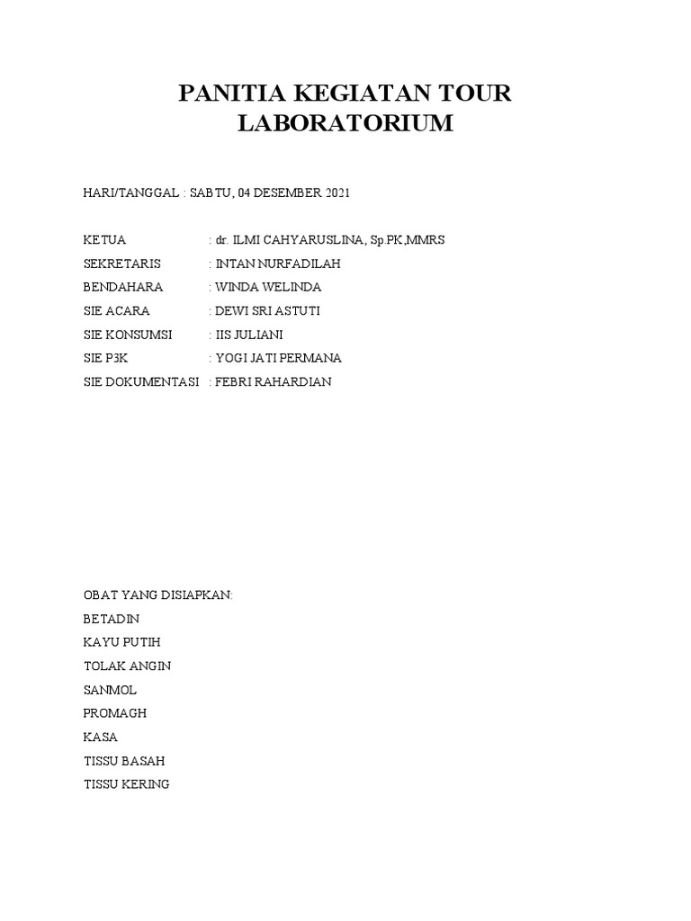 Panitia Kegiatan Tour Laboratorium | PDF | Kesehatan Holistik