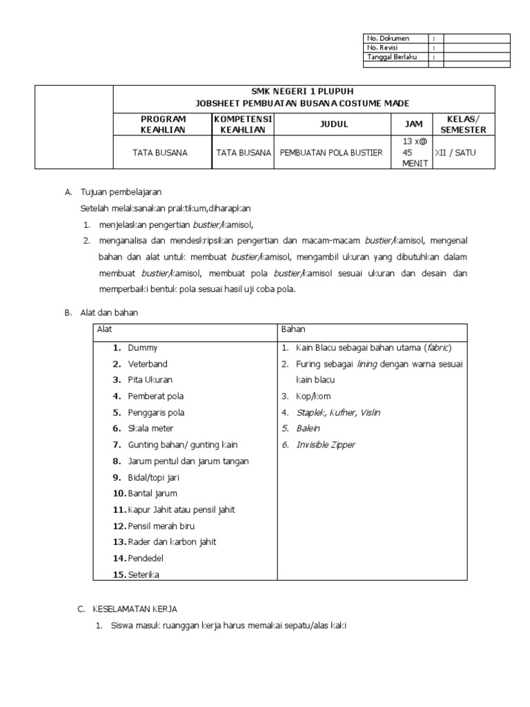 Jobs Sheet Pembuatan Camisol | PDF