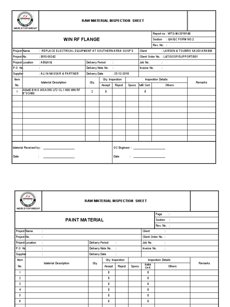 W/N RF Flange: Raw Material Inspection Sheet | PDF | Engineering ...