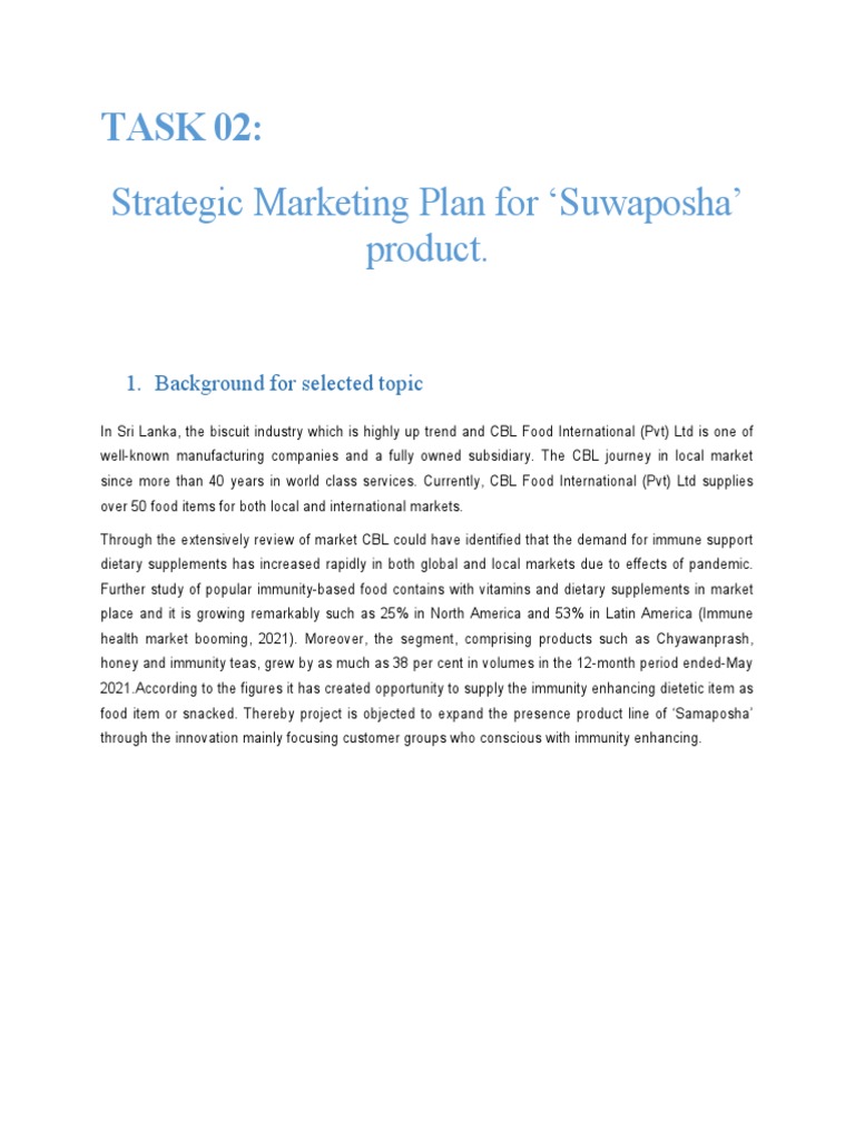 Strategic Marketing Plan For Suwaposha' Product.: TASK 02 | PDF