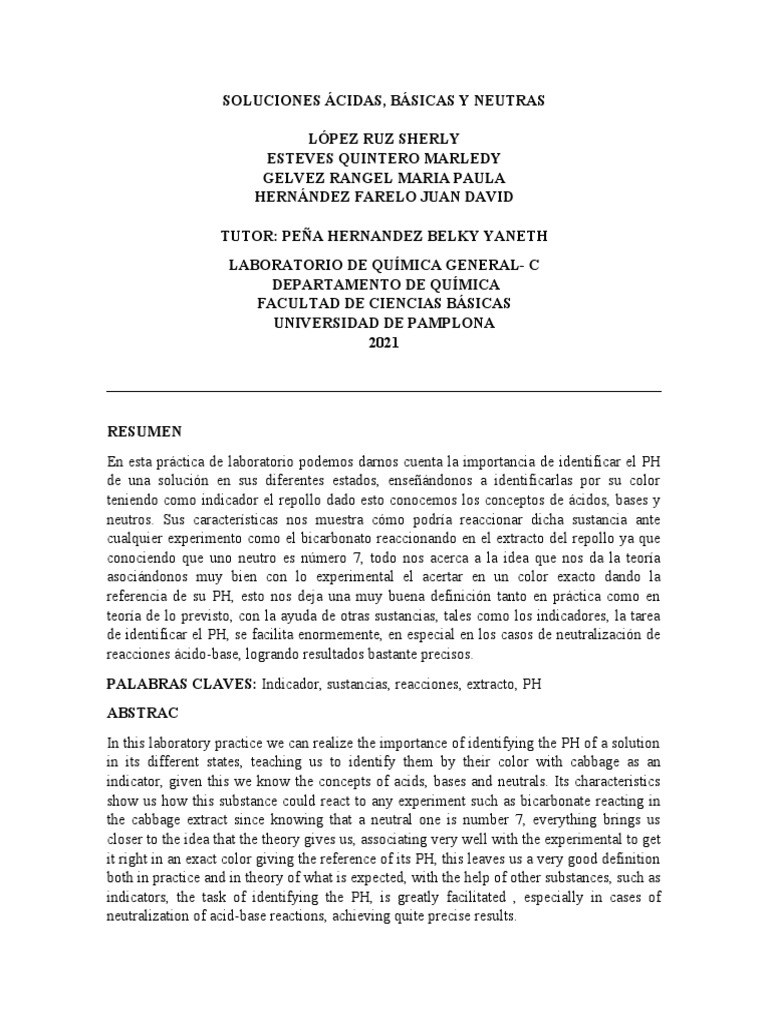 Informe de Soluciones Ácidas, Básicas y Neutras. | PDF | Solución | Ph
