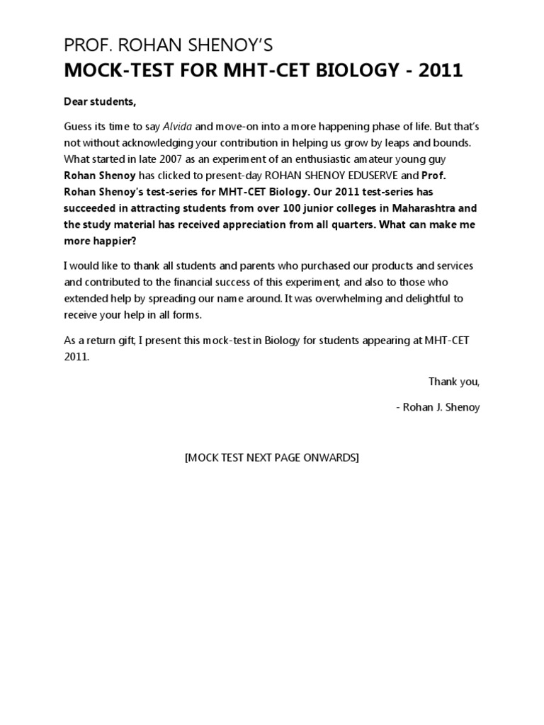 MHT-CET 2011 Biology Mock Test | PDF | Menstrual Cycle | Genetic Disorder