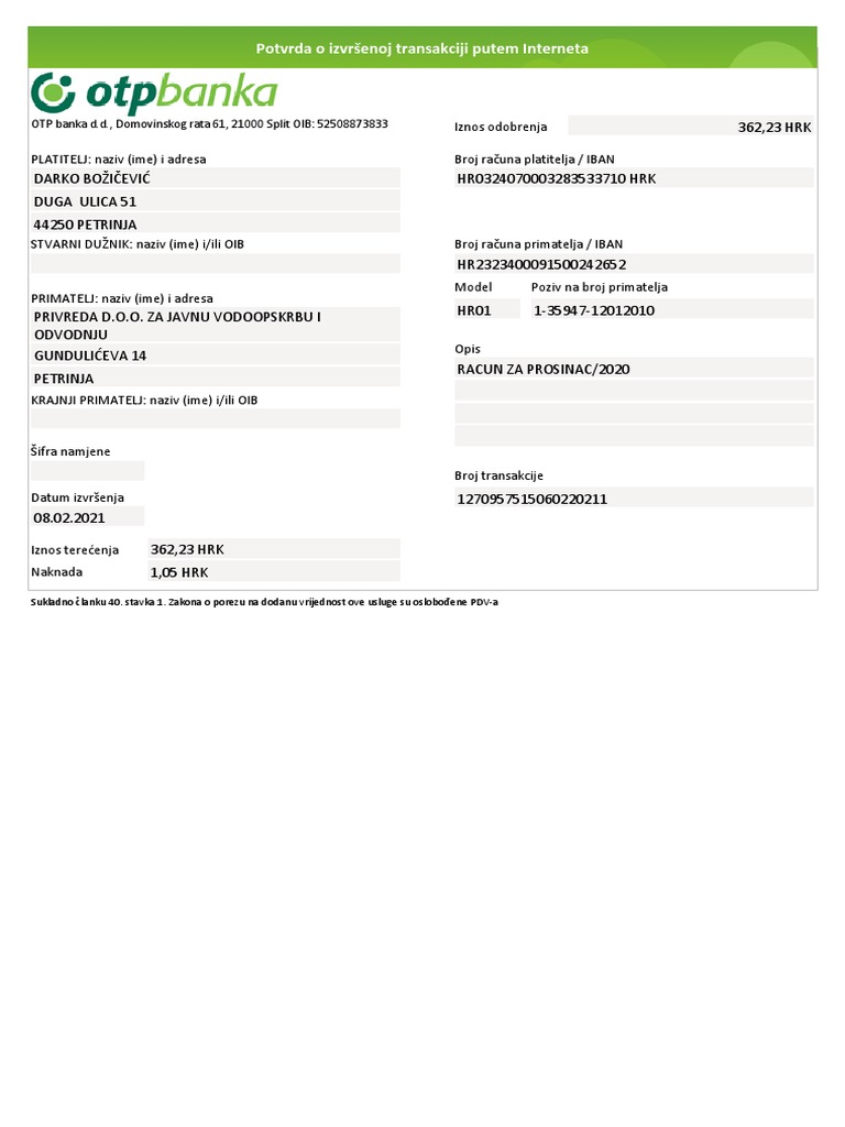 Potvrda o Izvršenoj Transakciji Putem Interneta: OTP Banka D.D ...