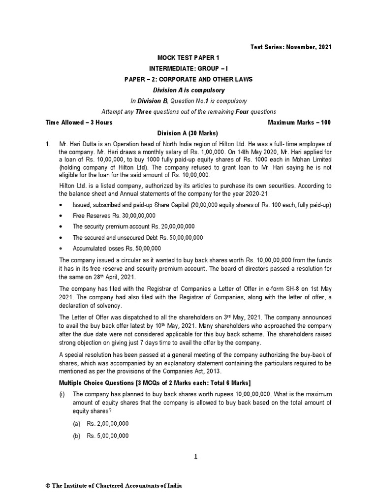 Test Series: November, 2021 Mock Test Paper 1 Intermediate: Group - I ...