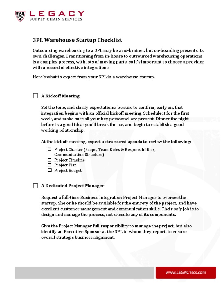 Warehouse Startup Checklist | PDF | Change Management | Project Management