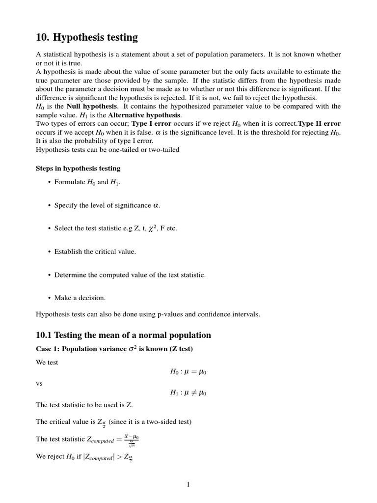 Hypothesis Testing: 10.1 Testing The Mean of A Normal Population | PDF ...
