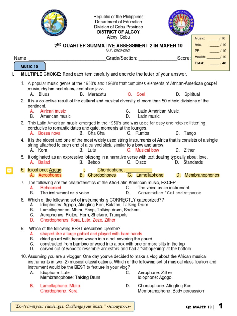 2 Quarter Summative Assessment 2 in Mapeh 10: Name: - Grade/Section ...