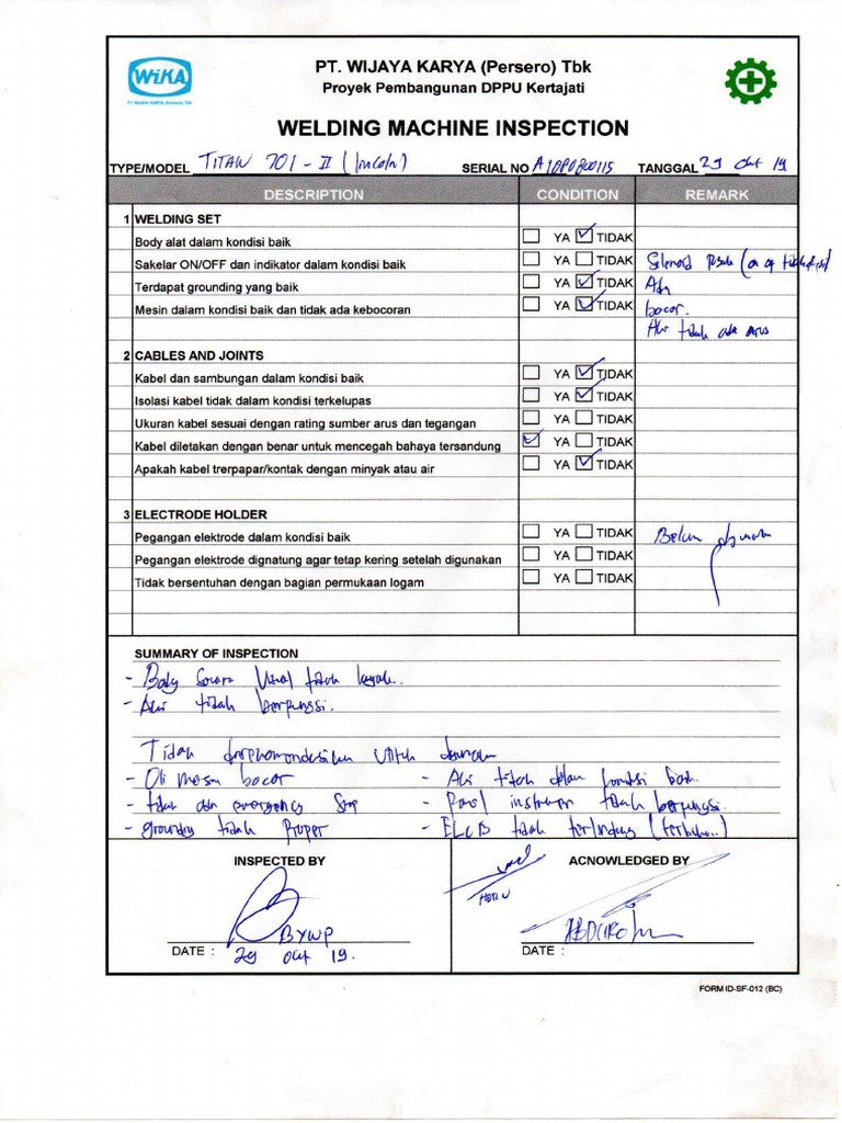 Hasil Inspeksi Welding Machine Lincoln PT - Sahabat | PDF