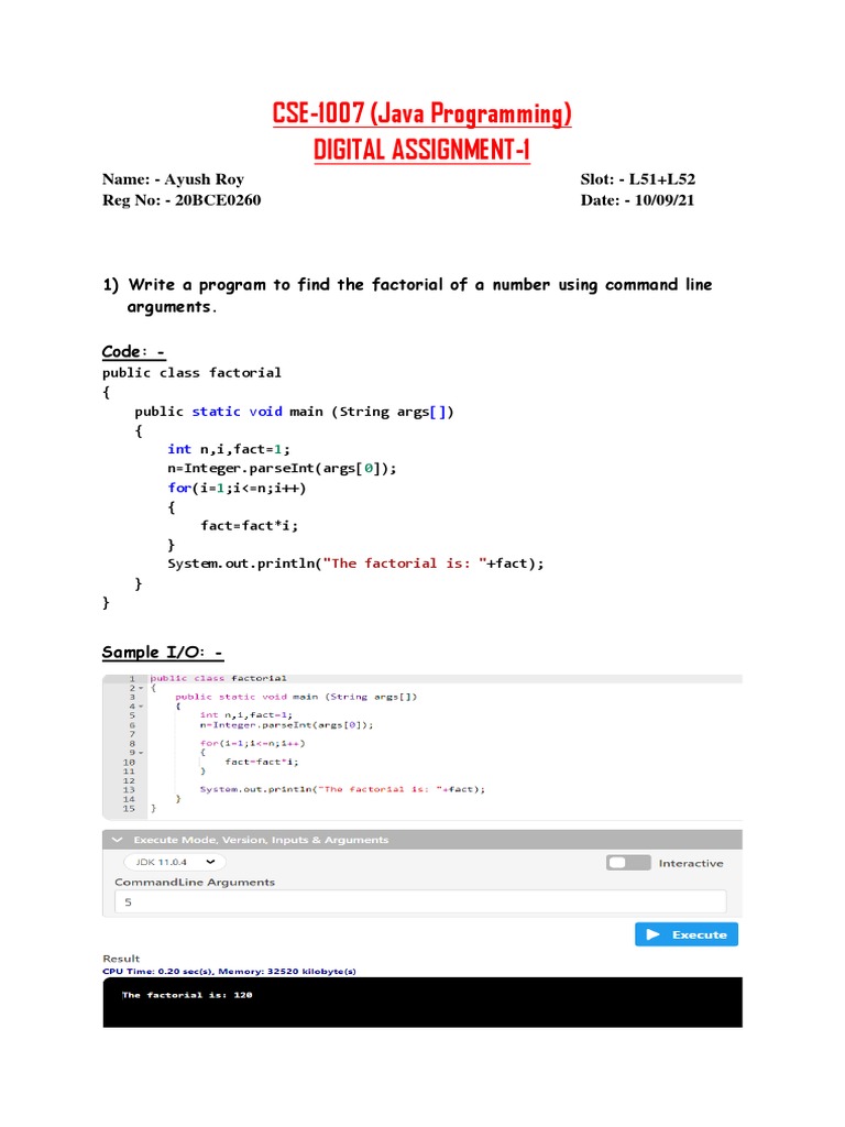 Cse 1007 Java Programming Digital Assignment 1 Pdf Class Computer Programming String