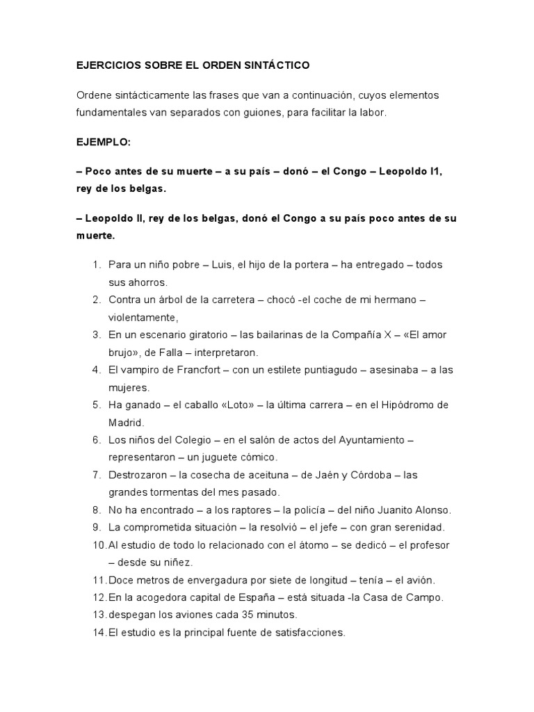 Ejercicios Sobre El Orden Sintáctico Resuelto | PDF
