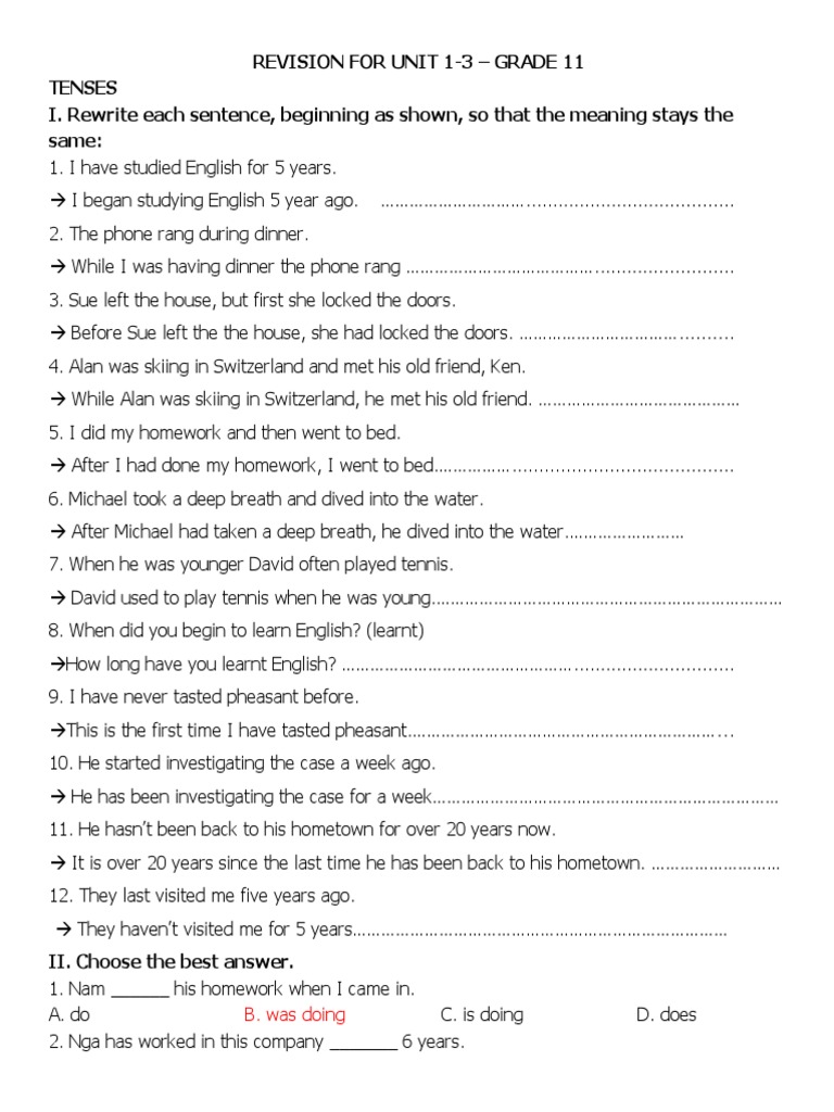 Revision For Unit 1-3 - Grade 11 Tenses I. Rewrite Each Sentence ...