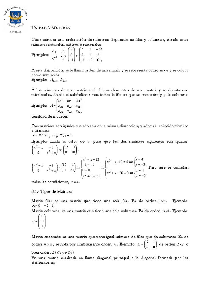Tema 3 Matrices | Descargar gratis PDF | Matriz (Matemáticas) | Matemáticas