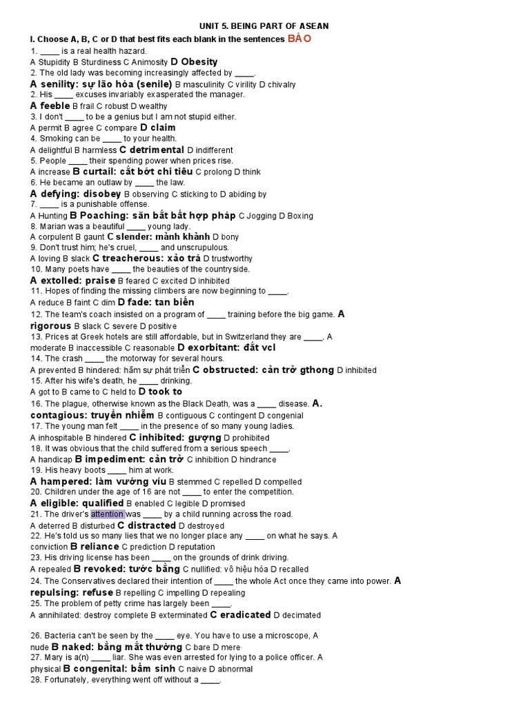 C slender: mảnh khảnh: Unit 5. Being Part Of Asean I. Choose A, B, C or ...